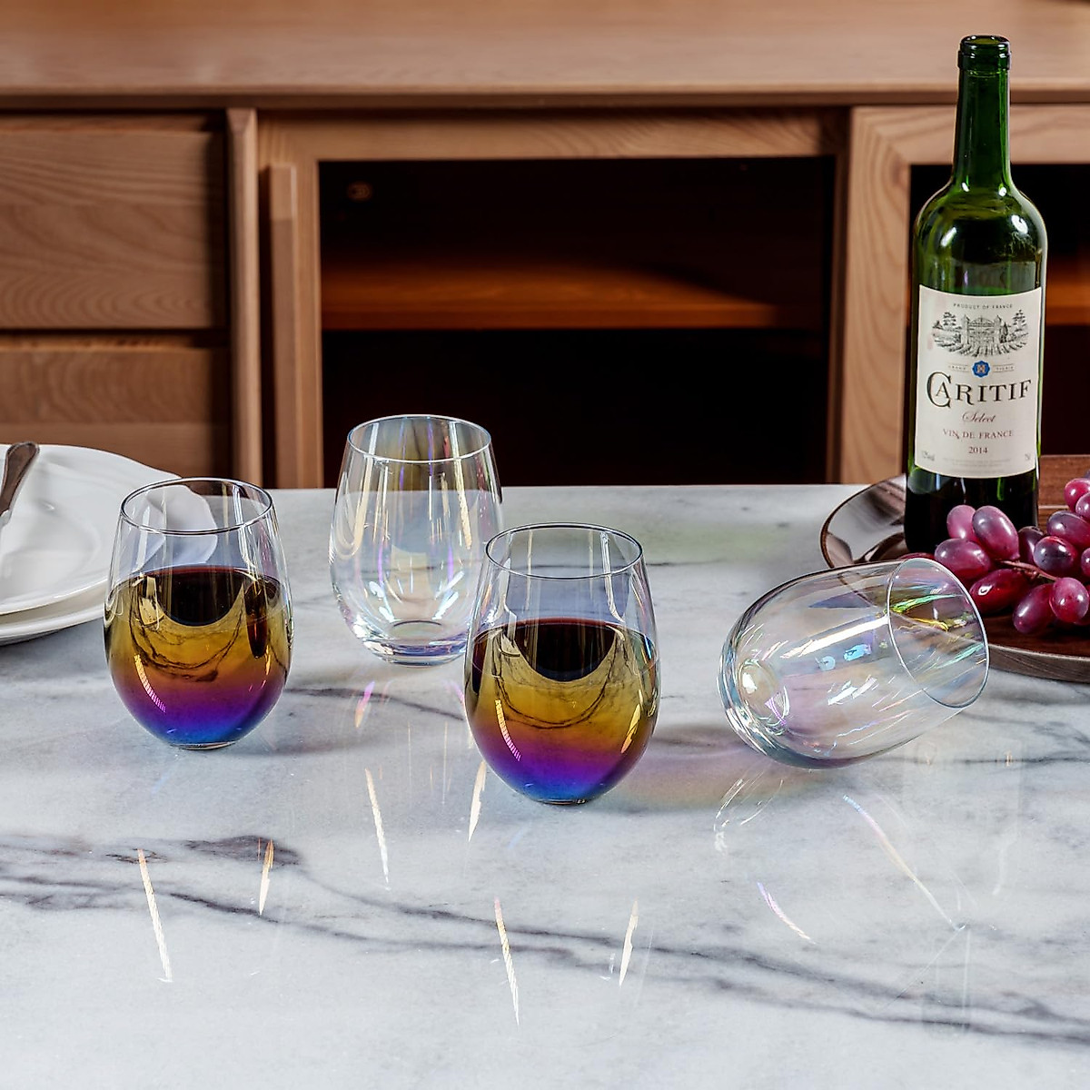 MyGift 18 oz Modern Iridescent Transparent Stemless Wine Glasses, Rainbow Colored Luster Clear Cocktail Beverage Drinking Glass Cups, Set of 4