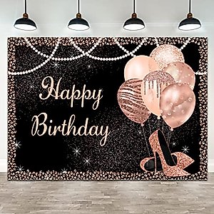 Wollmix Rose Gold Happy Birthday Decorations for Women Banner Backdrop 7x5ft Party Sweet 16 Girls Balloons Glitter Dots High Heels Photography Background Supplies Photo Booth Studio Cake Table