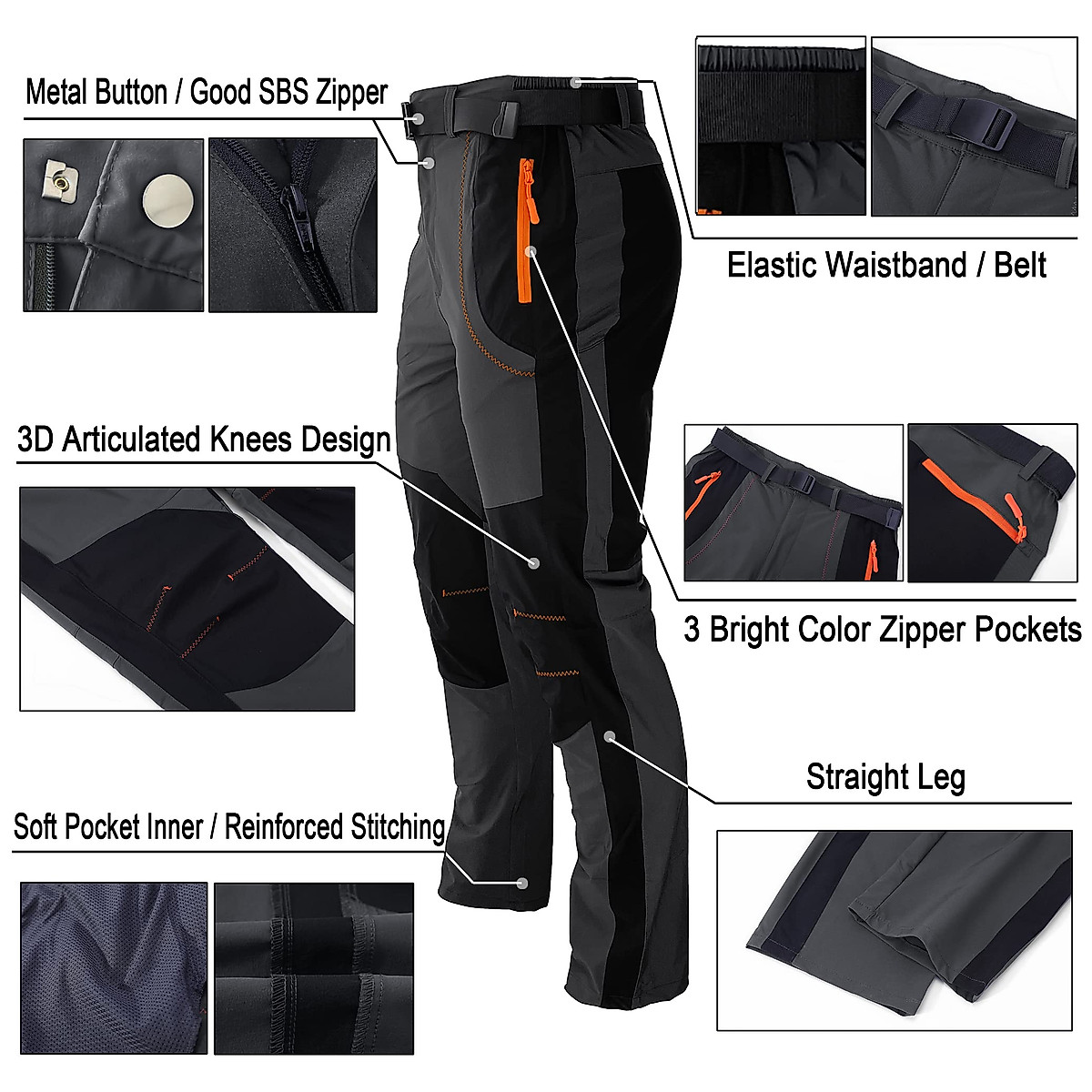 Kuseeker Mens Stretch Work Hiking Pants Quick Dry Lightweight Waterproof Outdoor Travel Climbing Fishing Pants Gray 38