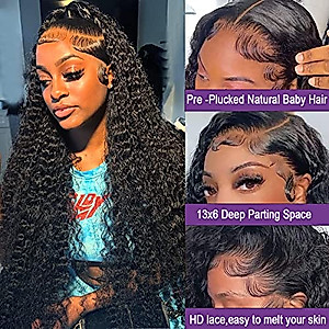 Manorshen Deep Wave Lace Frontal Wigs Brazilian Virgin 13x4 Lace Front Deep Curly Wave Glueless Brazilian Hair Wet Wavy Human Hair Lace Front Wig With Baby Hair (Nature Black Deep 13x4, 18 Inch)