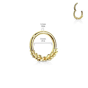 Pierced Owl 16GA Stainless Steel Laurel Leaves Front Septum Cartilage Helix Daith Hinged Segment Clicker Ring (Silver Tone)