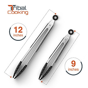 Tribal Cooking Kitchen Tongs with Silicone Tips - Stainless Steel tongs for cooking - 9" and 12" T
