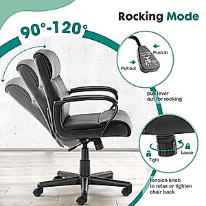 Executive Office Chair - Ergonomic Mid-Back Home Computer Desk Chair with Lumbar Support, PU Leather, Adjustable Height & Swivel