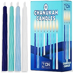 Hanukkah Menorah Candles Box of 44 Multi-Blue with Prayer Card - Spiral Style Quality Wax Chanukah Candles - Fits Most Menorahs – Enough for All 8 Nights - Bulk Hanukkah Candles by Zion Judaica