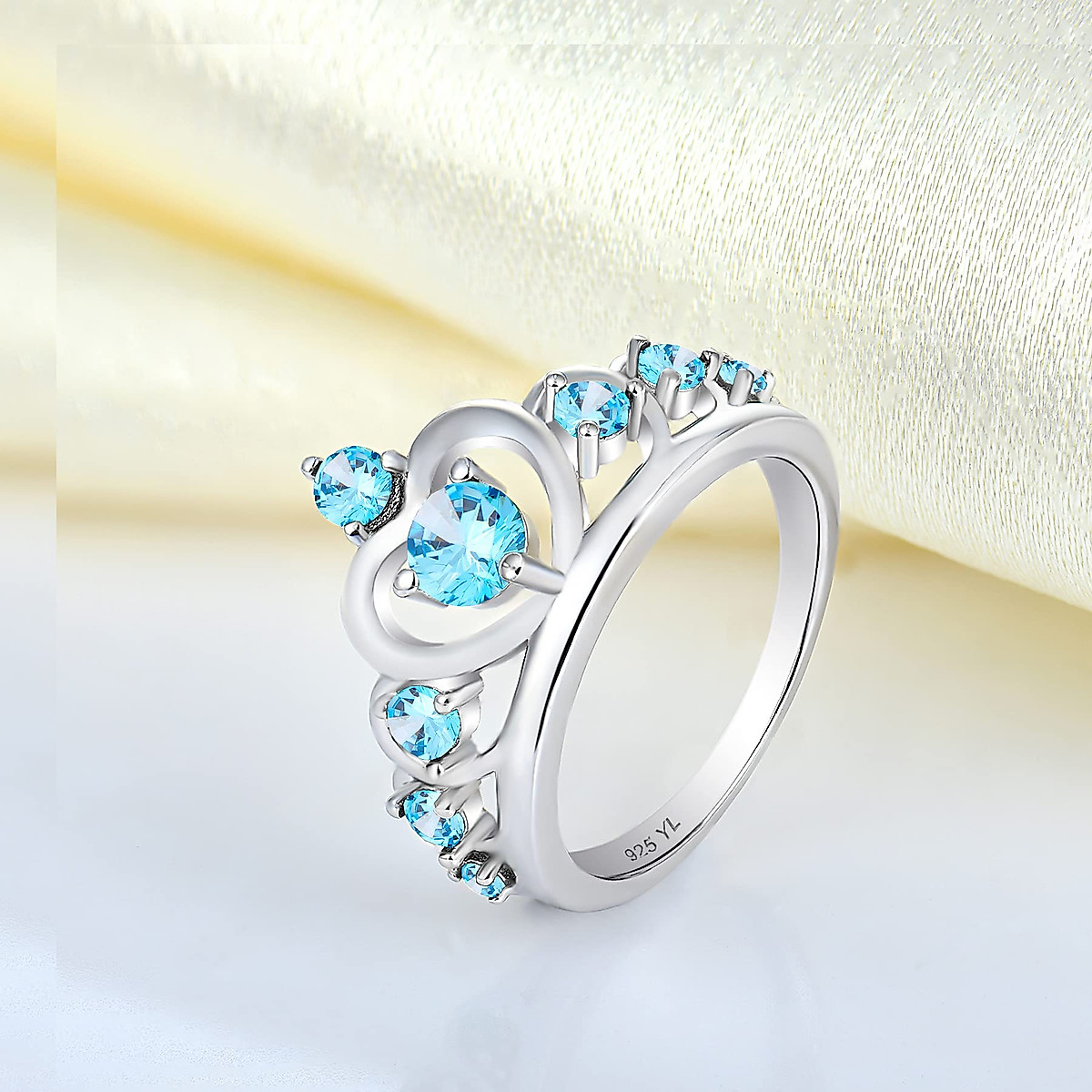 YL Crown Rings 925 Sterling Silver Heart Engagement Rings Queen Created Aquamarine Anniversary Jewelry-size6