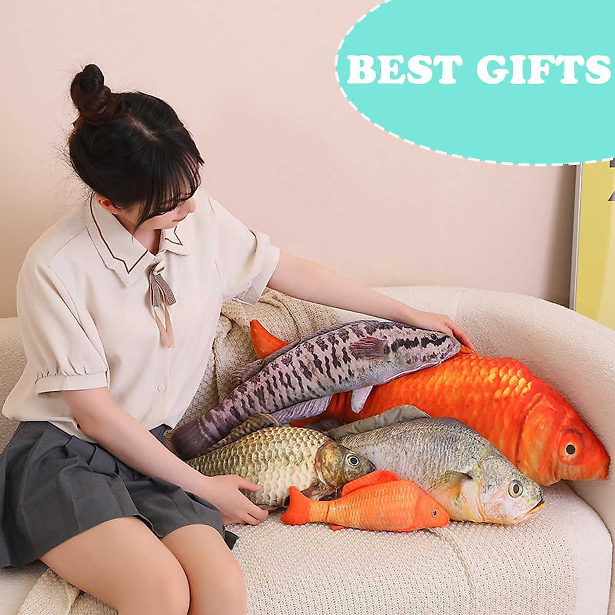 ELAINREN 3D Lifelike Fish Shape Plush Pillow Soft Big Carp Stuffed Toy Cushion, 80cm Giant Simulation Goldfish Plushie Decor Pillow Creative Gifts