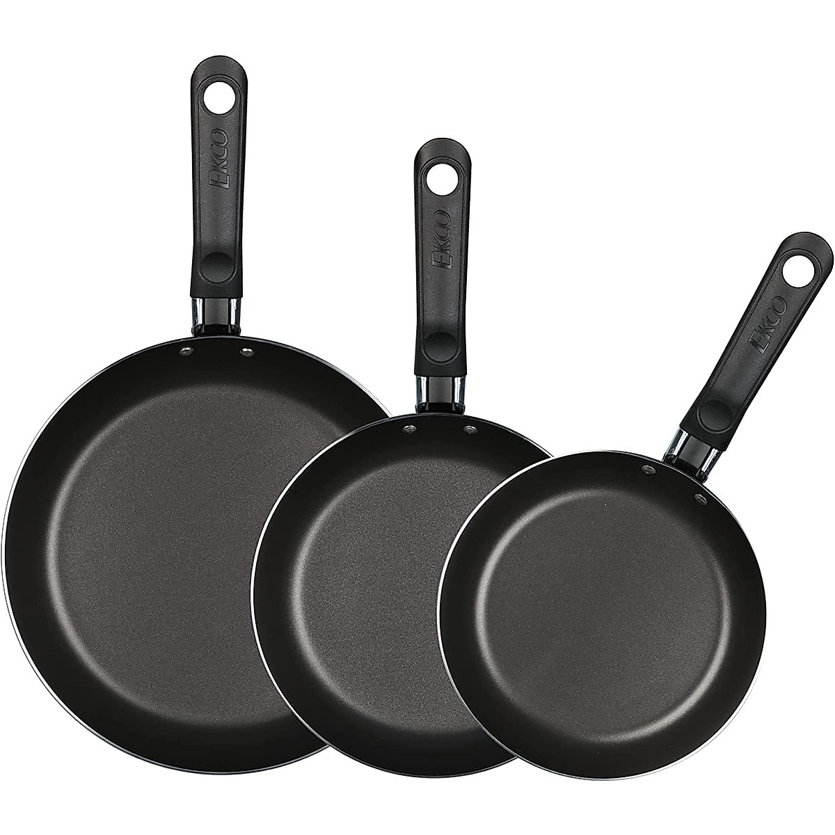 Ekco 3-Piece Frying Pan Set (7.1, 7.9 & 9.4 IN) For all Stovetops, Dishwasher Safe - Lightweight Aluminum Skillets, Non-Stick & Riveted Bakelite Handle (Photopaint Blue & Green) PFOA & PTFE Free