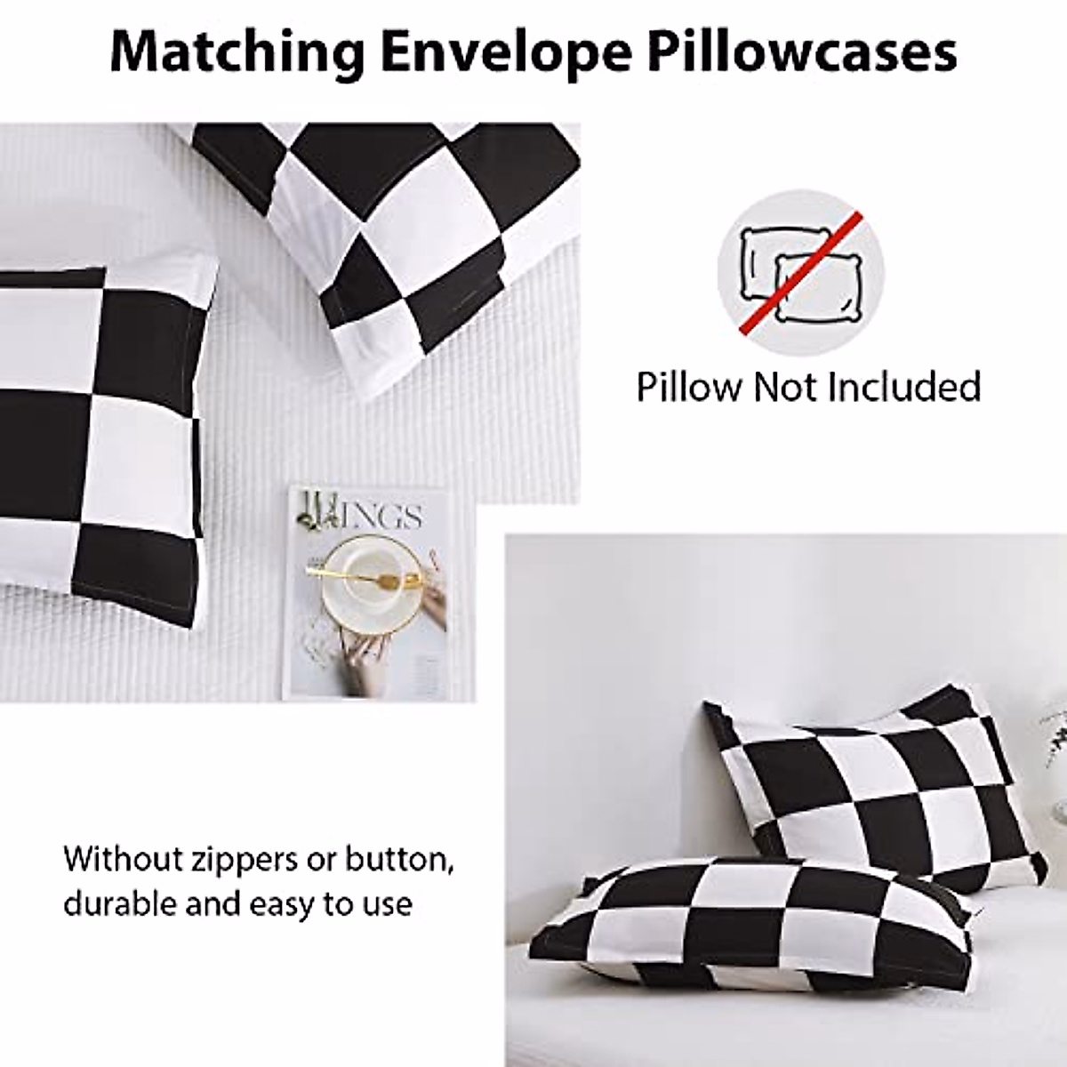 LUCKYBULL Comforter Set Twin Bedding Set Fluffy Black Plaid Down Alternative Comforter, Checkered Soft Textured Comforter with 1 Pillowcase All Seasons, Black and White 2 Piece