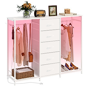 Espelism Dresser for Bedroom with Clothes Rack 5 Drawer Dresser with Charging Station LED Lights White Chest of Drawers Flexible Shelf and Open Storage Space for Bedroom Living Room (White)