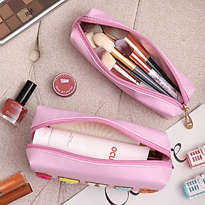 Fixwal 2pcs Stuff Bag, Preppy Makeup Bag, Portable Waterproof Purse, Cosmetic Bag with Patches, Stuff Pouch, Makeup Brush Bag, Pink