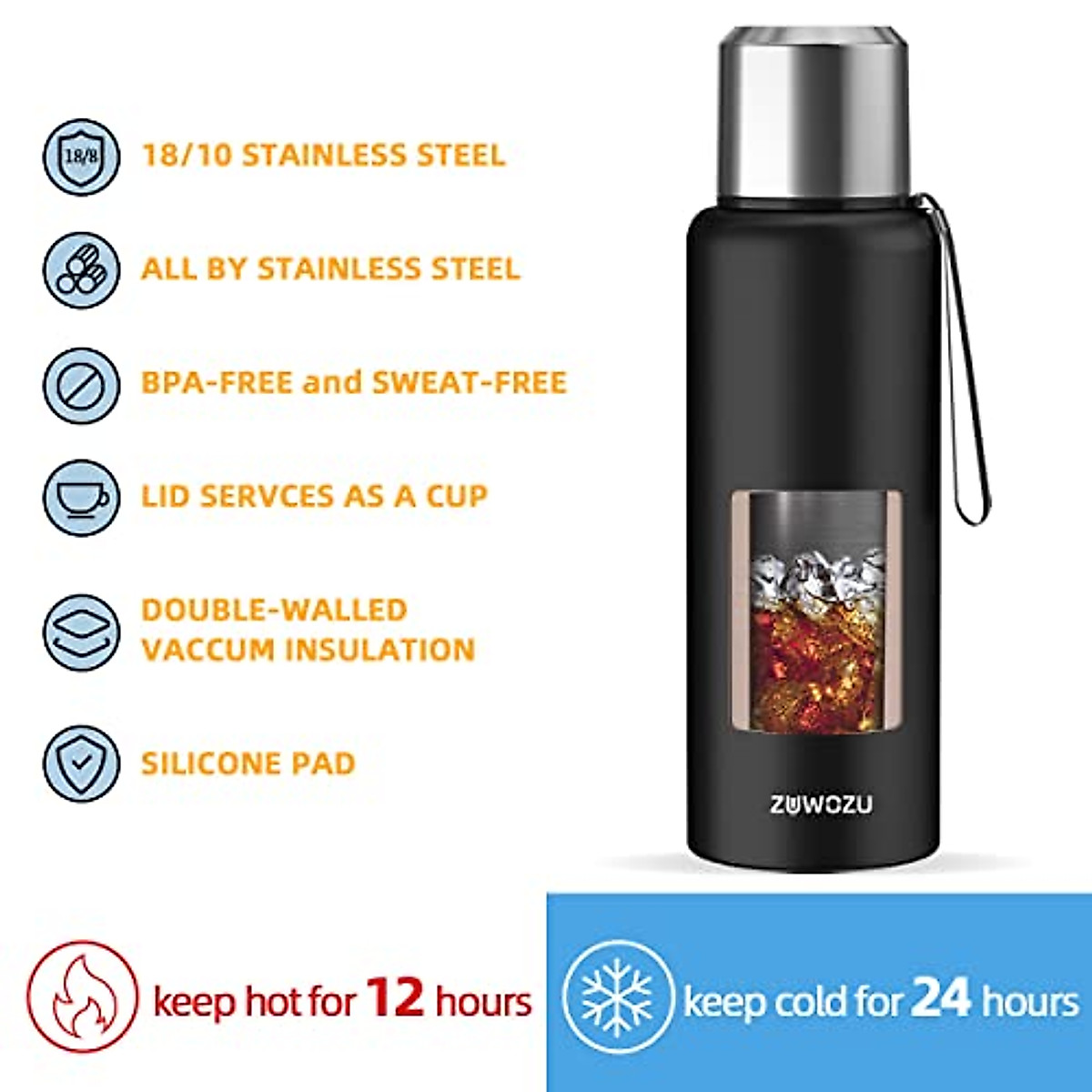 ZUWOZU Coffee Thermos Water Bottle, 32oz Insulated Water Bottle with Handle, Double Walled Vaccum, 18/10 Stainless Steel Water Bottles for School (Black, 32oz)