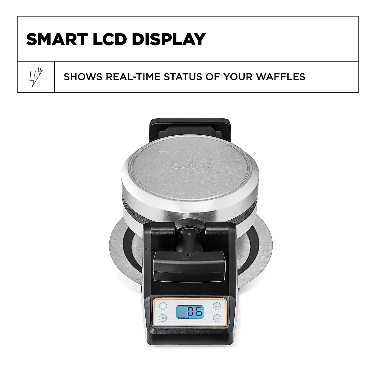 CRUX Rotating Belgian Waffle Maker with Deep Nonstick PFOA Free Plates, Digital Keto Chaffles Iron with LCD Display, Browning Control and Cord Storage, Stainless Steel