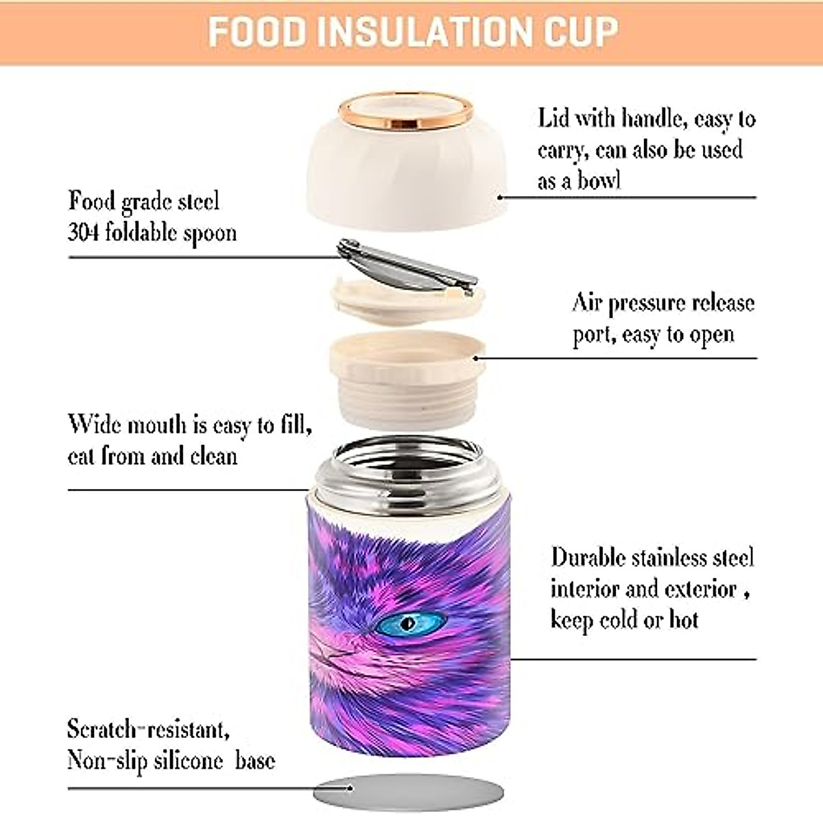CUPADA Purple Cat Face Food Jar, Cute Animal Insulated Hot Food Jars Vacuum 17OZ with Folding Spoon for Work Trip Picnic Camping