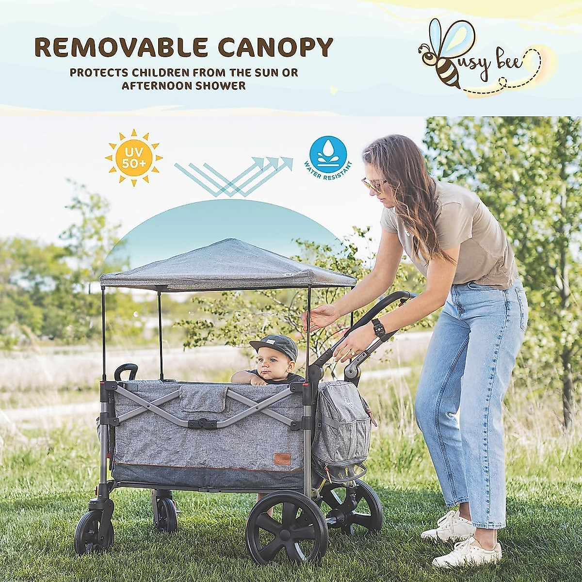 Busy Bee Foldable Wagon Stroller for 2 Kids, Push Pull Collapsible Kids Wagon with Adjustable Handle Bar, Removable Canopy, 5-Point Harness, Shock-Absorbing Wheels, Grey