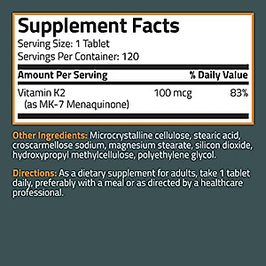 Bronson Vitamin K2 MK-7 100 MCG, K2 as MK7 Menaquinone, Bone Support 1 Year Supply, Non-GMO, 120 Tablets