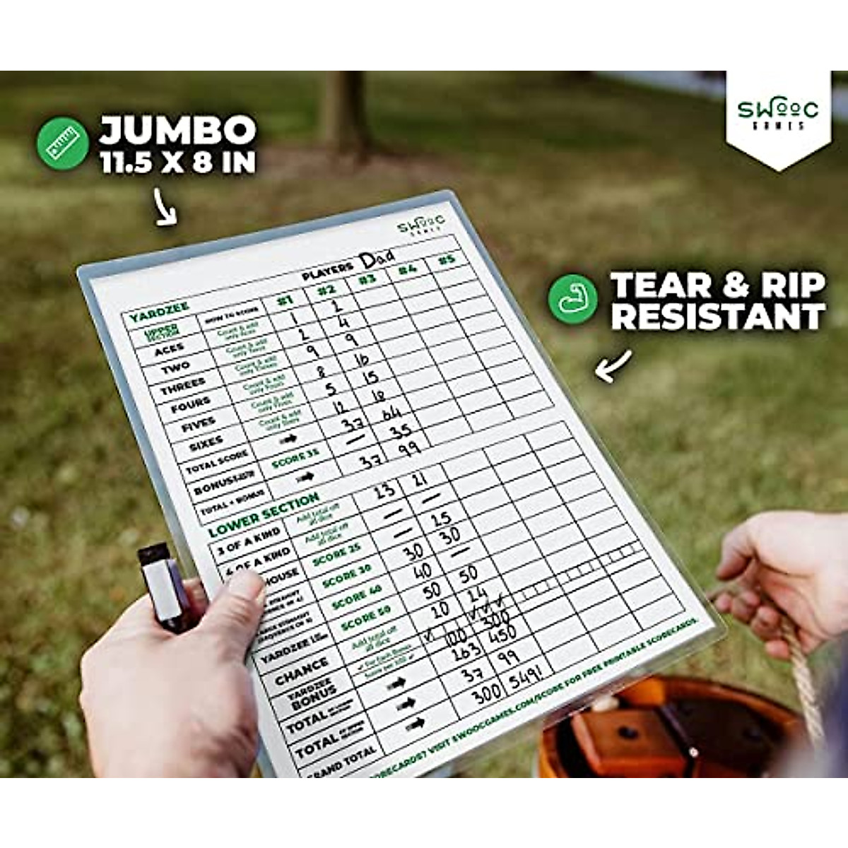 SWOOC Games - 5 Big Laminated Yardzee & Farkle Score Cards (11.5in x 8in) with Rules - Large Reusable Dry Erase Pads for Giant Outdoor Dice Games - Jumbo Score Sheet for Yardzee and Farkle