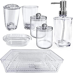 Transparent Bathroom Accessories Set 8 Pieces Bath Ensemble Includes Soap Dispenser, Toothbrush Holder, Toothbrush Cup, Soap Dish,New Apartment Essentials for Decorative Countertop