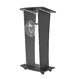 Acrylic Church Podium Pulpit Debate Conference Lectern Plexiglass Lucite Black Wood Shelf Cup Holder on Wheels with Prayer Hand and Cross Plaque 1803-5-BLACK+12152-NPF