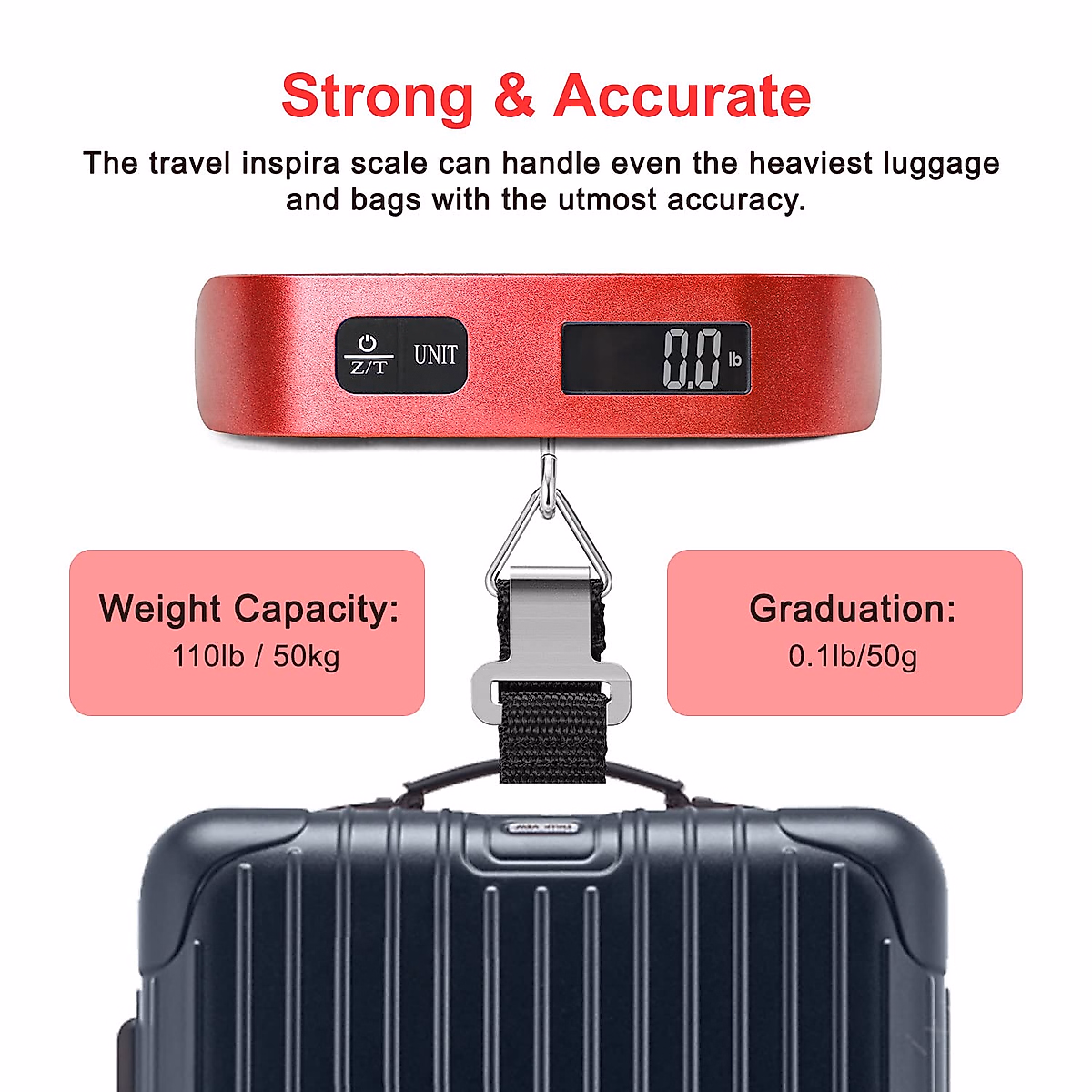 travel inspira Luggage Scale, Portable Digital Hanging Baggage Scale for Travel, Suitcase Weight Scale with Rubber Paint, 110 Pounds, Battery Included - Red