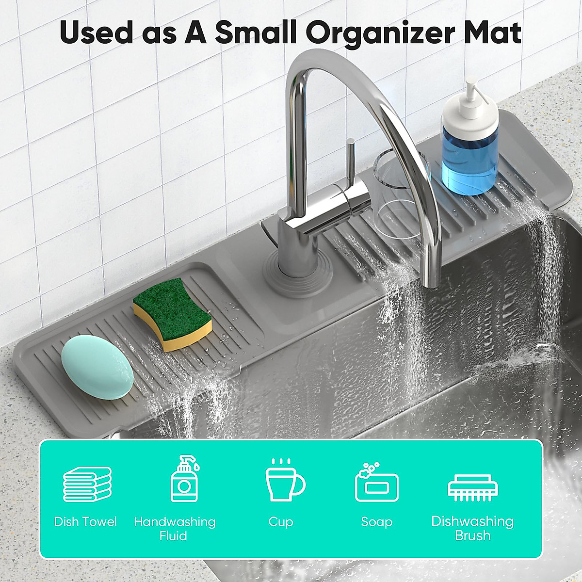 Snoquir 24 Inch Longer Kitchen Sink Splash Guard [5°Slope Fast Draining]Silicone Draining Mat for Kitchen Sink Faucet Mat Kitchen Sink Tidy Splash Guard Kitchen Sink Area Kitchen Faucet Draining Mat