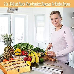Foil and Plastic Wrap Organizer-3 in 1 Bamboo Plastic Wrap Dispenser with Slide Cutter and Labels Aluminum Foil Wax Paper Parchment Holder for Kitchen Drawer and Wall Mount,Compatible with 12" Roll