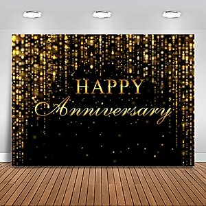 Mocsicka Black and Gold Happy Anniversary Backdrop Gold Glitter Bokeh Spot Wedding Anniversary Bridal Shower Party Decorations Cheers to Wedding Miss to Mrs Photography Background (Gold, 7x5ft)