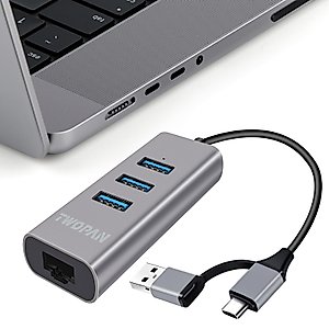 TWOPAN USB 3.0 Hub Ethernet, Aluminum USB C to Ethernet Adapter, 3 Port USB C Hub for Laptop, RJ45 LAN Adapter for 24 inch iMac 2021, New MacBook Pro/Air, Chromebook, Pixelbook, Surface, Yoga, XPS