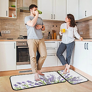 ALAZA Lavender Flower Watercolor 2 Piece Kitchen Rug Floor Mat Set Runner Rugs Non-Slip for Kitchen Laundry Office 20" x 28" + 20" x 48"