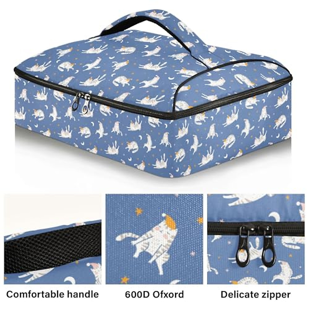 Kcldeci Insulated Thermal Food Carrier Insulated Casserole Carrier for Hot or Cold Food,Sleeping Cats Starry Sky Insulated Tote Bag for Potluck Cookouts Parties Picnic,Lasagna Lugger