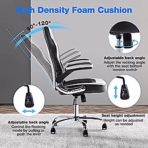 Gaming Chair - Ergonomic Office Chair Flip-up Armrest and Height Adjustable Desk Splicing PU Leather Computer Chair with Lumbar Support, White