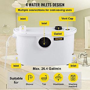 VEVOR Macerator Pump 400W, 4 Inlets for Basement, Kitchen, Toilet, Sink, Shower, Bathtub Waste Water Disposal Upflush Machine, Elevation up to 21ft, White