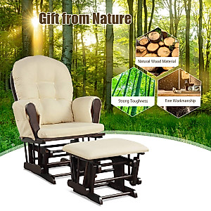 Costzon Nursery Glider with Ottoman, Upholstered Comfort Glider Rocker with Padded Cushion, Storage Pocket, Solid Wood Base, Rocking Chair Nursery for Breastfeeding, Maternity, Napping (Beige)