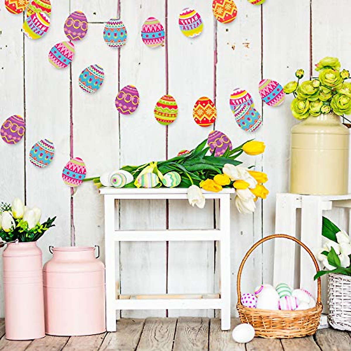 Whaline Easter Egg Garland Kit Easter Banner Decoration Happy Easter Banner Bunting Hanging Easter Egg Paper Cutout for Easter Farmhouse Banner Spring Themed Party Favors Supplies Mantle Fireplace