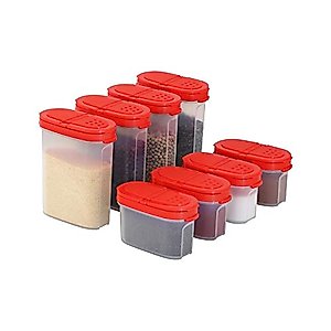 Clear Plastic Empty Spice Container Spice Jars with Lid – Kitchen Bottle Dispenser Store Spice,Herb,Rub,Sugar,Salt,Pepper 2 Way Lids Sift/Pour Shaker–Refillable Airtight Jar Red Cap 8 pk.4 mini 4 big