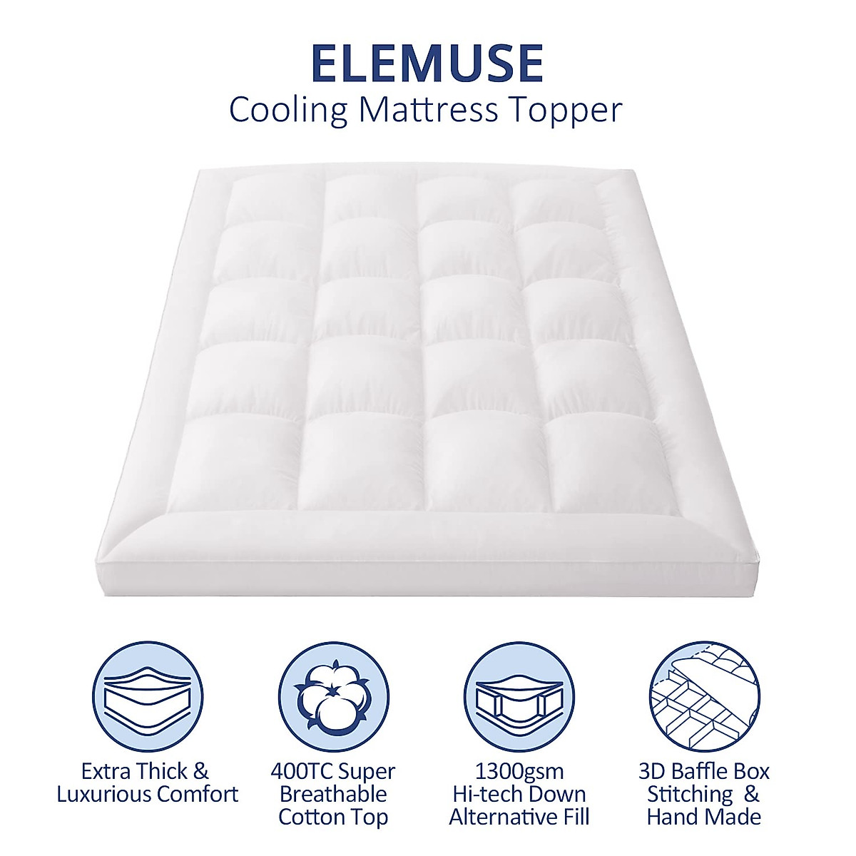 ELEMUSE Extra Thick Cooling Queen Mattress Topper, 1300 GSM Overfilled Pillow Top with Baffle Box Design, Hand Made 400TC Organic Cotton Pad Cover, Plush & Support Snow Down Alternative, Hotel Quality