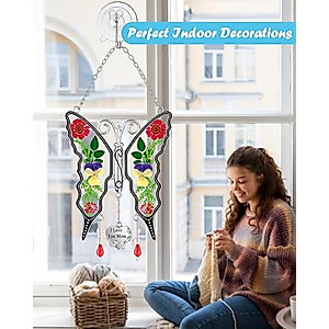 KY&BOSAM Butterfly Suncatcher Mother`s Day Gift I Love You Mom Stained Glass Suncatchers Hanging Ornament for Window Wind Chime Gifts for Mother`s Day Valentine`s Birthday Christmas Dream Catchers