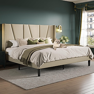 Allewie Queen Size Platform Bed Frame with Geometric Wingback Headboard, Modern Upholstered Bed with Wooden Slats Support, No Box Spring Needed, Easy Assembly, Beige