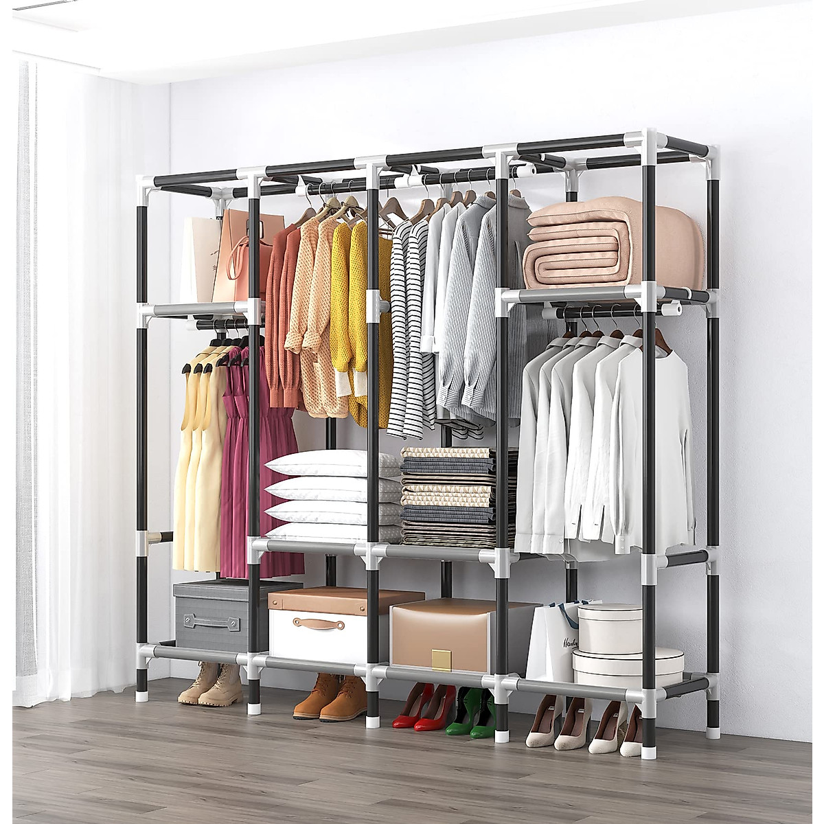 KEKIWE Portable Closet, 69 Inch Wardrobe Closet for Hanging Clothes with 4 Hanging Rods, 8 Storage Shelves, Side Pockets, Strong and Durable 25mm Metal Tube, Quick and Easy to Assembly, Grey