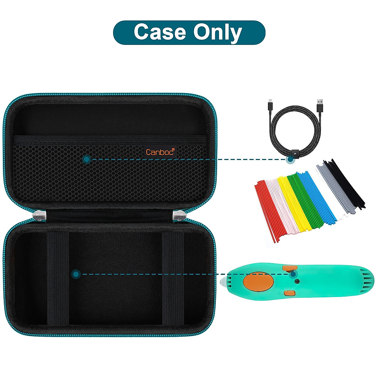 Canboc Hard Case for 3Doodler Start+ Essentials (2024) 3D Pen Set for Kids, 3D Pens Storage Organizer Carrying Holder, Mesh Pocket fit 3Doodler Start Plastic Filaments, USB Cable,Turquoise (CASE ONLY)