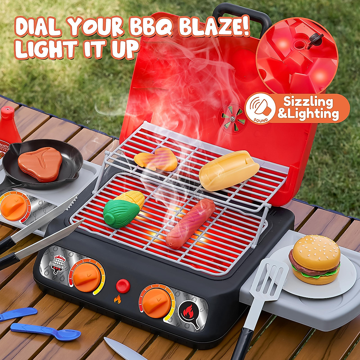 Extra Large 2-Layer BBQ Grill Playset with Pretend Smoke, Light, Sound & Color-Changing Food, Kitchen Toy Set,Pretend BBQ Grill Toy Set for Kids (25X13X12 Inch)