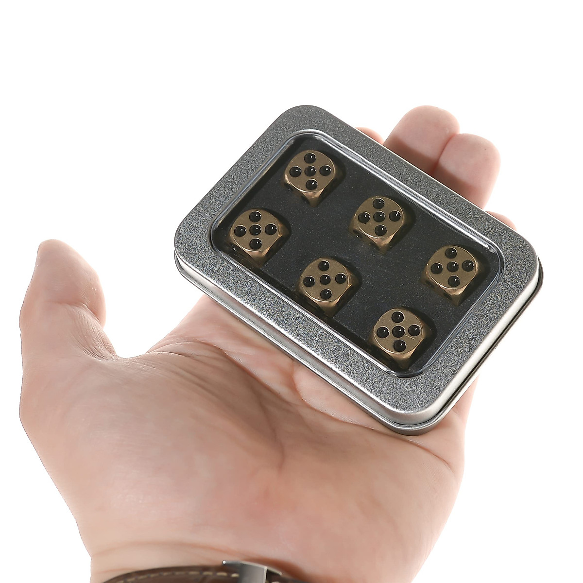 Metal Dice Set 6pcs, Solid Brass Dice with Gift Metal Case and Portable Bag, 6 Sided Metal Dice for Tables Board Game, Poker Party Role Playing Games