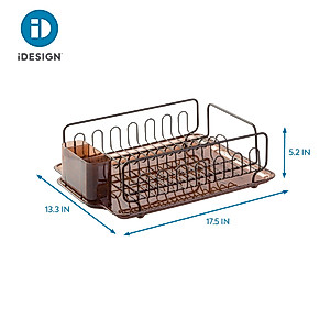 iDesign Forma Lupe Stainless Steel Metal Sink Dish Drainer Plastic Tray Kitchen Drying Rack For Glasses, Silverware, Bowls, Plates, 13.3" x 17.5" x 5.2", Bronze