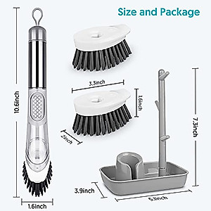 Soap Dispensing Dish Brush Set - FORSPEEDER Kitchen Brush with Stand 3 Brush Replacement Heads Stainless Steel Handle, Dish Wand Scrub Brush for Dishes Sink Pot Pan Cleaning