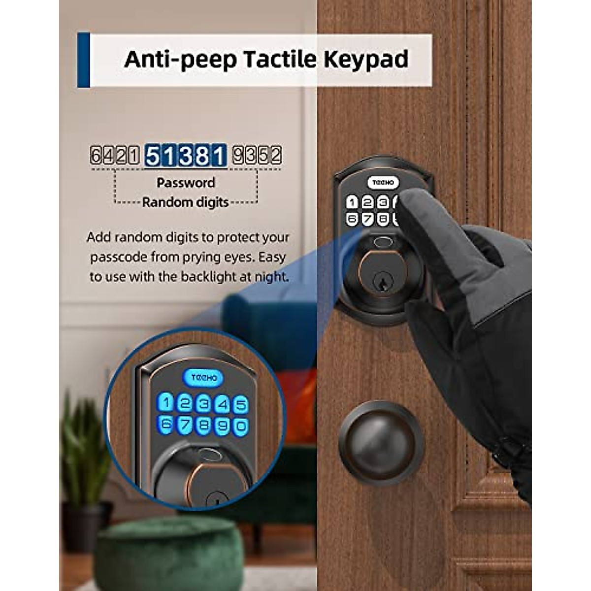 TEEHO TE002K Fingerprint Door Lock Set - Keyless Entry Door Lock with Handle - Door Knob with Keypad Deadbolt - Smart Locks for Front Door - Auto Lock - No Need App - Easy Installation - Bronze