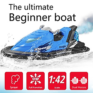 IOKUKI RC Boats for Kids & Adults with Spraying Function, 2.4G Remote Control Boat for Pools & Lakes with Rechargeable Toy Boat Battery/Dual Motors/Low Power Prompt/Waterproof - Blue