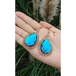 RareLove Gothic Halloween Costumes Princess Blue Rhinestone Teardrop Gold Plated Alloy Vintage Dangle Piercing Earrings For Women