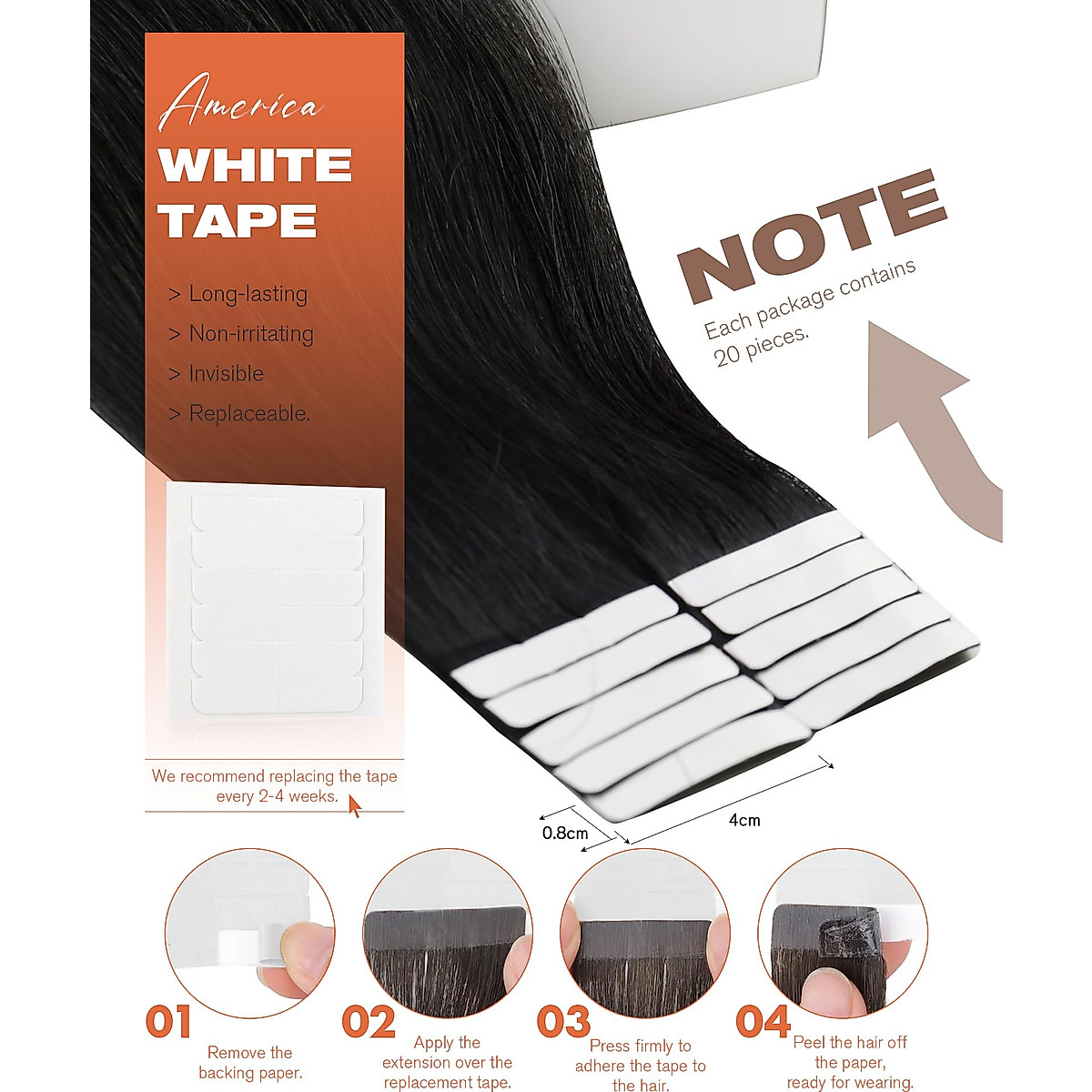 Sunny Hair Tape in Hair Extensions Human Hair Black 22 Inch Hair Extensions Real Human Hair Tape in Extensions Invisible Tape in Human Hair Extensions Seamless Hair Extensions Jet Black 50g 20pcs