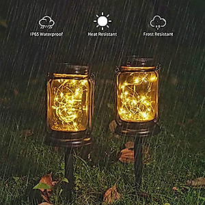 Solar Mason Jar Lantern, 4 Pack 30 LED Hanging Solar Mason Jar Lights Outdoor Retro Waterproof Fairy Lights with Stakes for Garden, Lawn, Patio, Yard, Pathway (4 Pack)