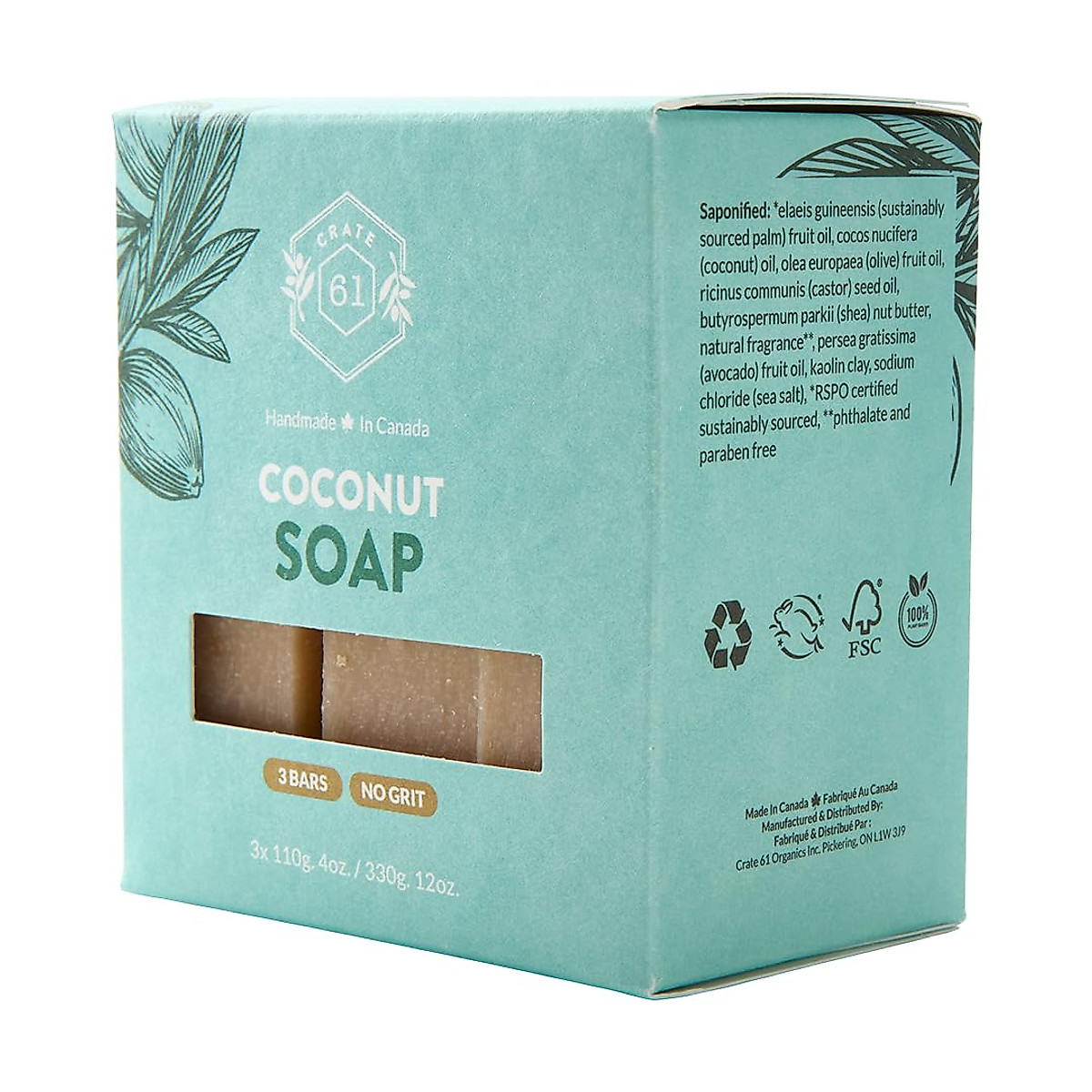Crate 61 Organics, Handmade Vegan Natural Bar Soap Cold Pressed For Face And Body, With Premium Essential Oils, For Men And Women 3 Pack (Coconut)