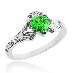 14k White Gold Emerald Green Heart CZ May Birthstone Claddagh Ring with Natural Diamonds (Size 6)
